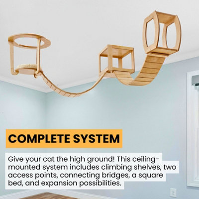 Versatile Ceiling-Mounted Cat Tree - Natural Wood Cat Tower with ...