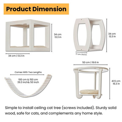 Versatile Ceiling-Mounted Cat Tree - White Wood Cat Tower with Shelves ...