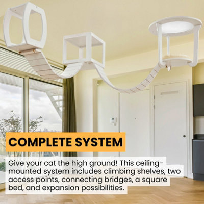 Versatile Ceiling-Mounted Cat Tree - White Wood Cat Tower with Shelves ...