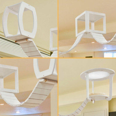 Versatile Ceiling-Mounted Cat Tree - White Wood Cat Tower with Shelves ...