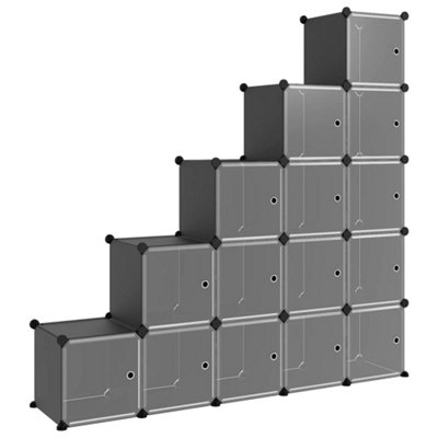 Versatile Storage Cube Organiser with 15 Cubes and Doors Black PP