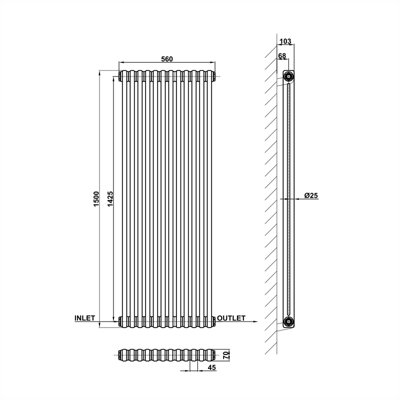 Vertical Anthracite Double Column Radiator (H) 1500mm x (W) 560mm.
