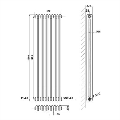 Vertical Anthracite Triple Column Radiator (H) 1500mm x (W) 470mm.