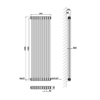 Vertical Black Double Column Radiator (H) 1500mm x (W) 470mm.