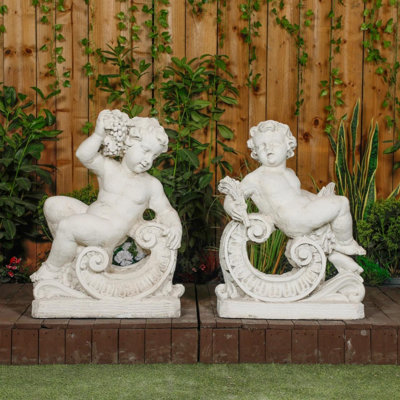 Very Large Pair of Cherub Statues with Fancy Columns