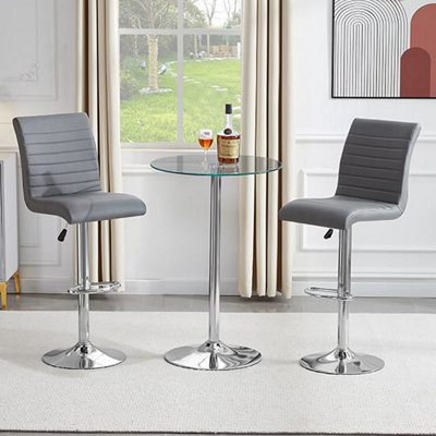Vetro Round Clear Glass Bar Table With 2 Ripple Grey Stools | DIY at B&Q