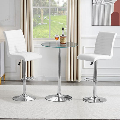 Vetro Round Clear Glass Bar Table With 2 Ripple White Stools | DIY at B&Q