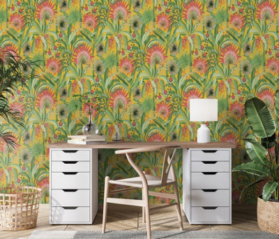 Vibrant Tropical Yellow and Green Textured Paste the Wall Wallpaper