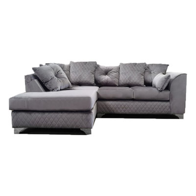 Victoria Soft Plush Velvet 3 to 4 Seater L Shaped Corner Sofa Grey Left Hand Facing - Scatter Back
