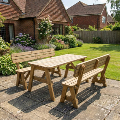 Victoria wooden picnic bench and table set, rounded outdoor dining set ...