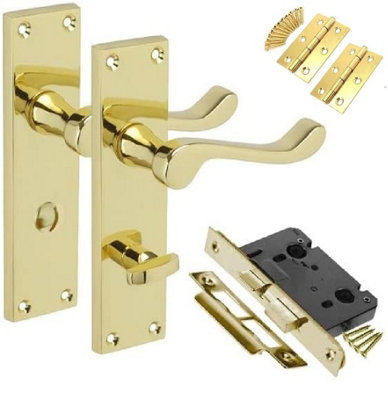 Victorian Scroll Polished Brass Bathroom Door Lock Set and Pair of 3 ...