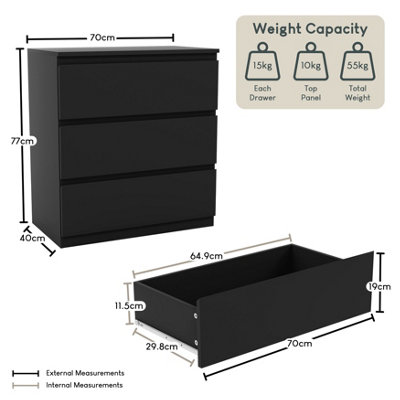 Vida Designs Denver Black 3 Drawer Chest (H)775mm (W)700mm (D)400mm