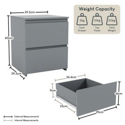 Vida Designs Denver Grey 2 Drawer Bedside Chest (H)400mm (W)295mm (D)295mm