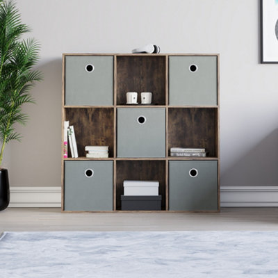 Vida Designs Durham Dark Wood 3x3 Cube Storage Unit & Set of 5 Grey ...