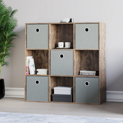 Vida Designs Durham Dark Wood 3x3 Cube Storage Unit & Set of 5 Grey ...