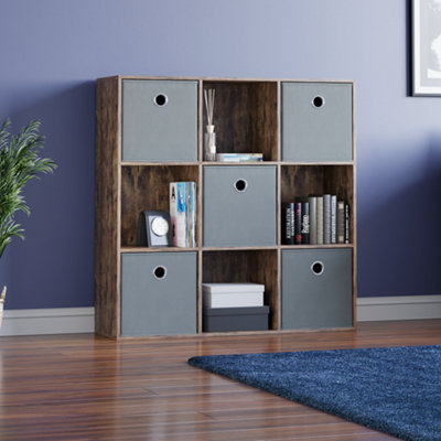 Vida Designs Durham Dark Wood 3x3 Cube Storage Unit & Set of 5 Grey ...