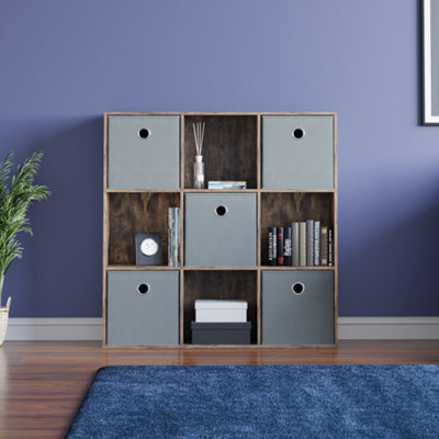 Vida Designs Durham Dark Wood 3x3 Cube Storage Unit & Set of 5 Grey ...