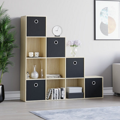 Vida Designs Durham Oak 10 Cube Staircase Storage Unit & Set of 5 Black ...