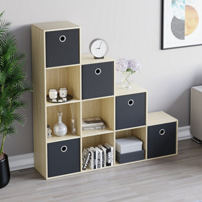 Vida Designs Durham Oak 10 Cube Staircase Storage Unit & Set of 5 Black ...