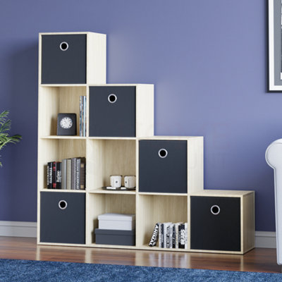 Vida Designs Durham Oak 10 Cube Staircase Storage Unit & Set of 5 Black ...