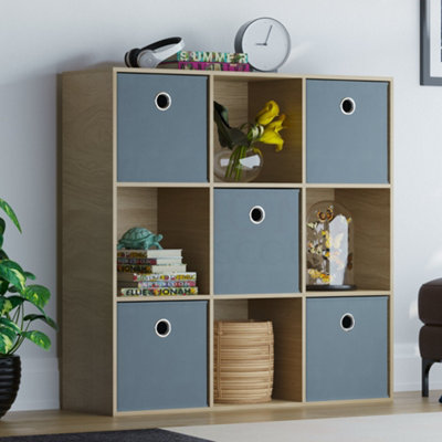 Vida Designs Durham Oak 3x3 Cube Storage Unit & Set of 5 Grey Cube ...