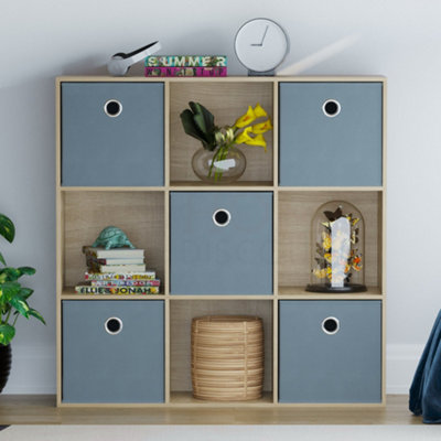 Vida Designs Durham Oak 3x3 Cube Storage Unit & Set of 5 Grey Cube ...
