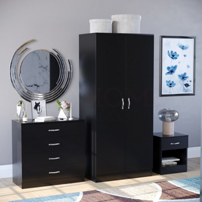 Vida Designs Riano Black Trio Bedroom Furniture Set Bedside Table Drawer Chest Wardrobe