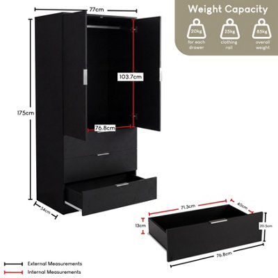 Vida Designs Trega 2 Door 3 Drawer Wardrobe, Black
