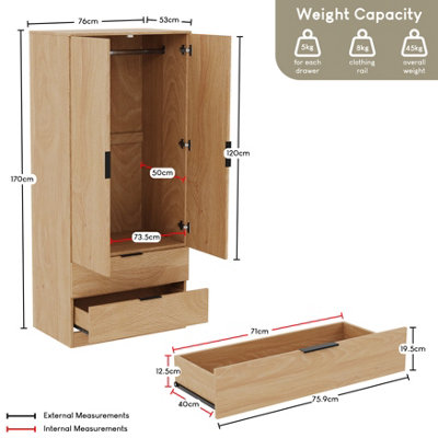 Vida Designs Trega Pine 2 Door 2 Drawer Wardrobe Hanging Rail, Shelves ...