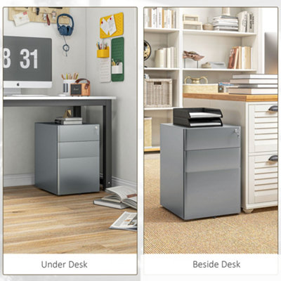 Vinsetto 3 Drawer Metal Filing Cabinet Lockable 5 Wheels Compact Under Desk Grey