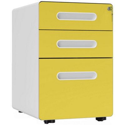 Vinsetto 3 Drawer Modern Steel Filing Cabinet w/ 4 Wheels Lock Box Yellow
