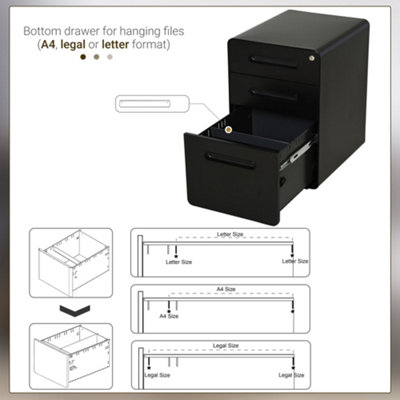 Vinsetto 3 Drawer Modern Steel Filing Cabinet w/ 4 Wheels Lock Pencil ...