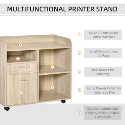 Vinsetto Filing Cabinet Mobile Printer Stand w Adjustable Storage Shelf Oak