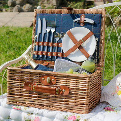 Vintage 2 Person Wicker Blue Tweed Hamper Basket