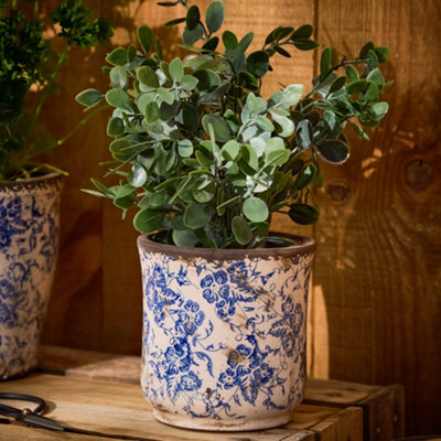 Vintage Blue Small Floral Flower Plant Pot H11 x Dia. 11cm