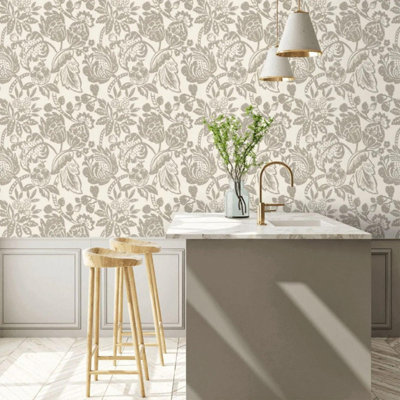 Vintage Floral Wallpaper Gold Metallic Ivory Non-Woven Paste The Wall