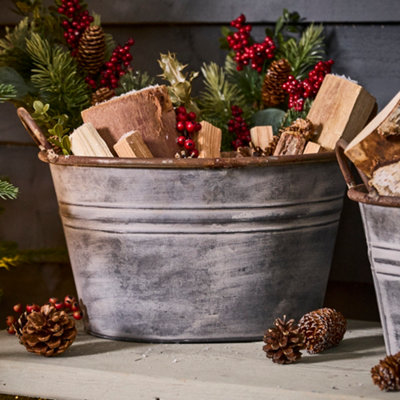 Vintage Grey Galvanised Trough Bucket Flower Pot with Handles Embossed ...