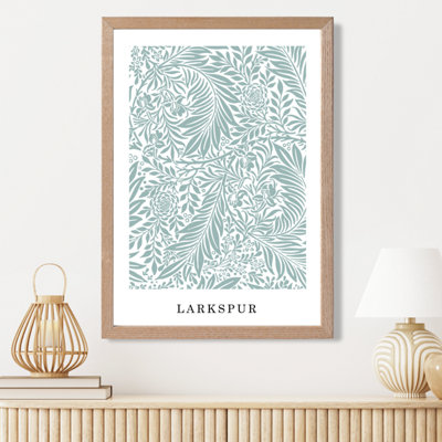 Vintage Morris Larkspur in Mint and White / Oak Frame / SIZE: A3