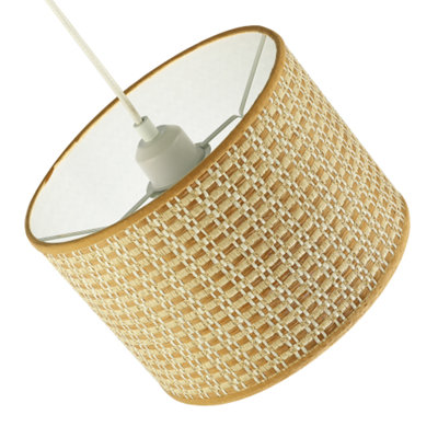 VINTAGE REEDED PAPER ROUND LAMP SHADE WITH TAUPE COTTON FABRIC TRIMS
