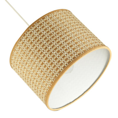 Vintage Reeded Paper Round Lamp Shade with Taupe Cotton Fabric Trims