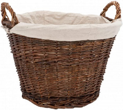 Vintage Rustic Large Round Brown Linen Wicker Fireside Log Basket with ...