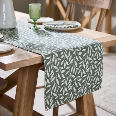 Vintage Style Extra Large Forest Green Cotton Leaf Table Runner 220cm