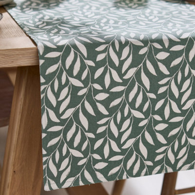 Vintage Style Extra Large Forest Green Cotton Leaf Table Runner 220cm