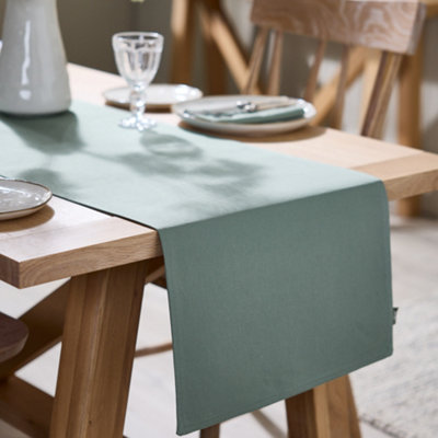 Vintage Style Extra Large Green Cotton Plain Table Runner 220cm