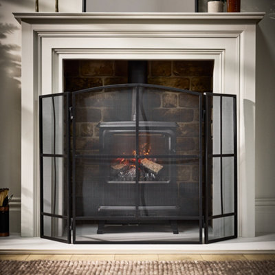 Vintage Style Large Black Folding Fireplace Guard Fire Screen Window ...