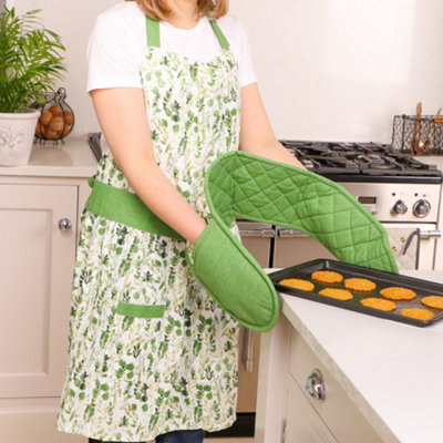 Vintage Style Leaf Print Adult Pinny Cooking Apron with Oven Glove Set ...
