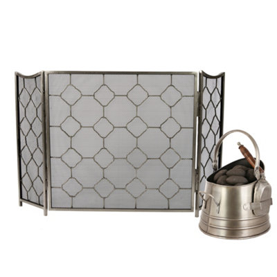 Vintage Style Pewter Footed Fire Guard with Coal & Log Storage Bucket ...