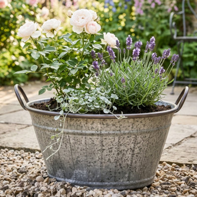 Vintage Style Round Rippled Grey Galvanised Trough Bucket Flower Pot ...