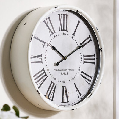 Vintage Style Wall Clock White Distressed Effect Iron Analogue Roman ...