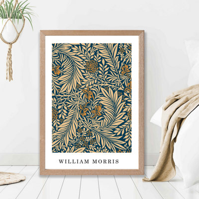 Vintage William Morris Larkspur in Navy and Beige / Oak Frame / SIZE: A2
